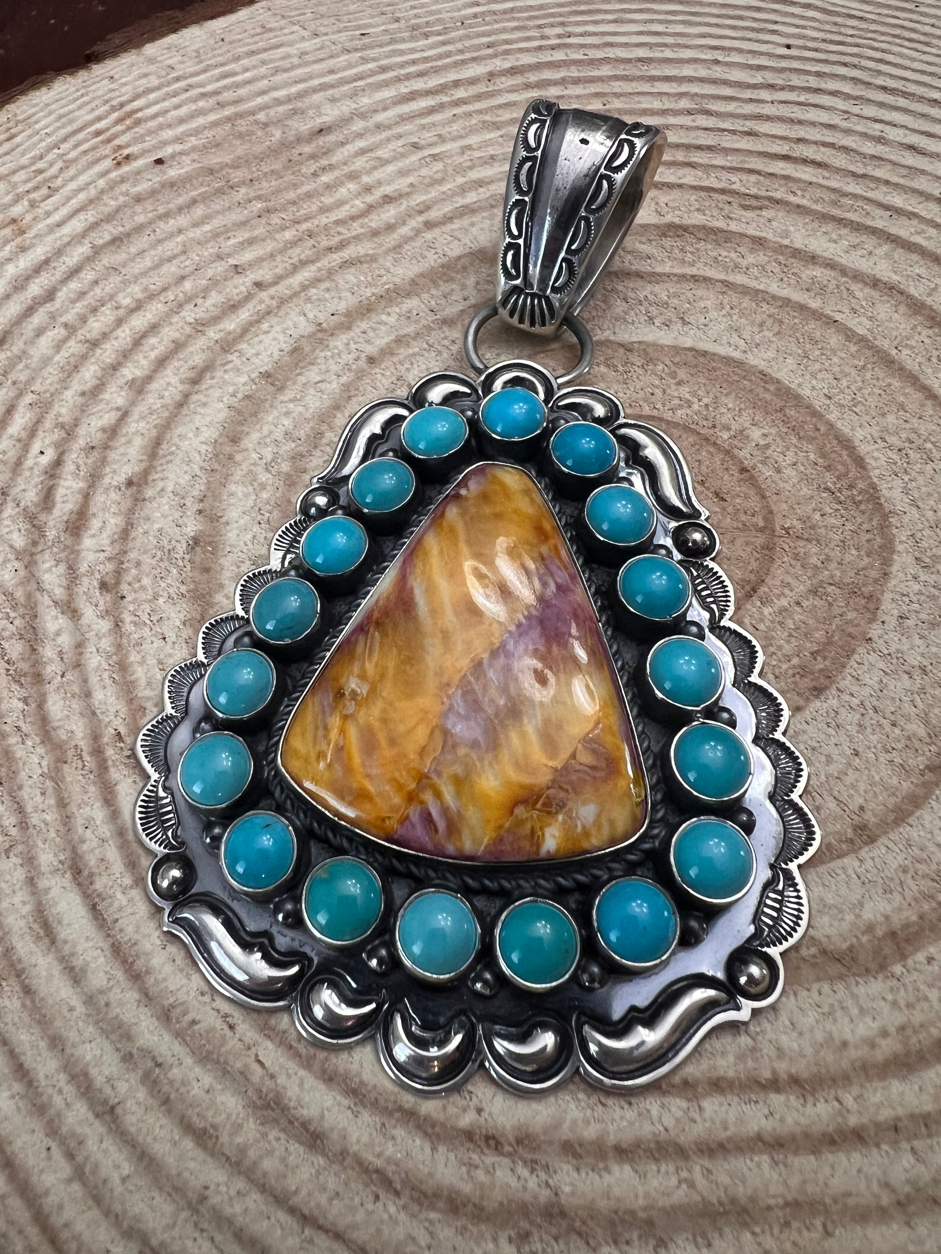 Roland Dixson Spiny Oyster, Turquoise & Sterling Silver Statement Pend ...