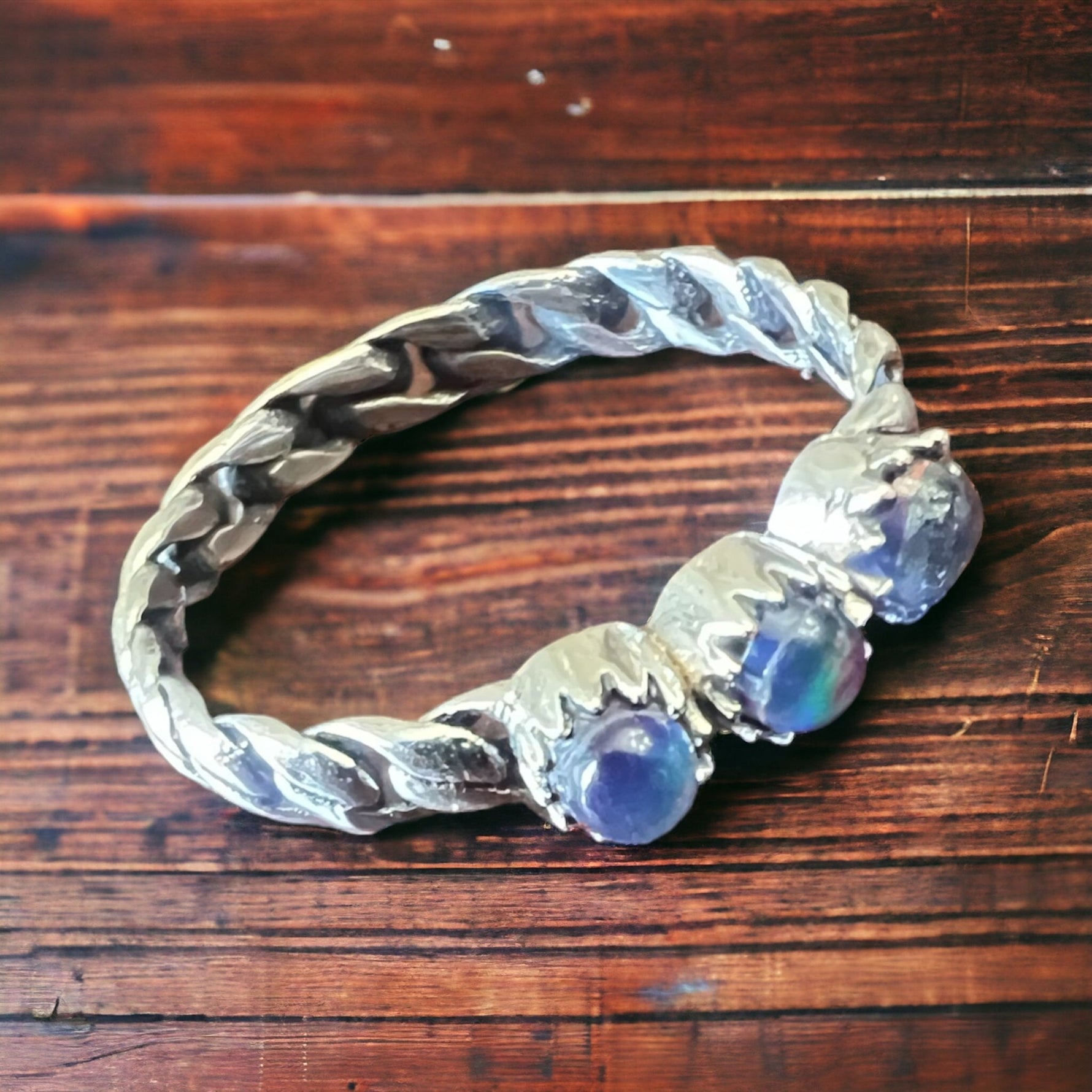 Lux Aurora Opal Blue Sterling Stacker Ring – Cowhide and Conchos