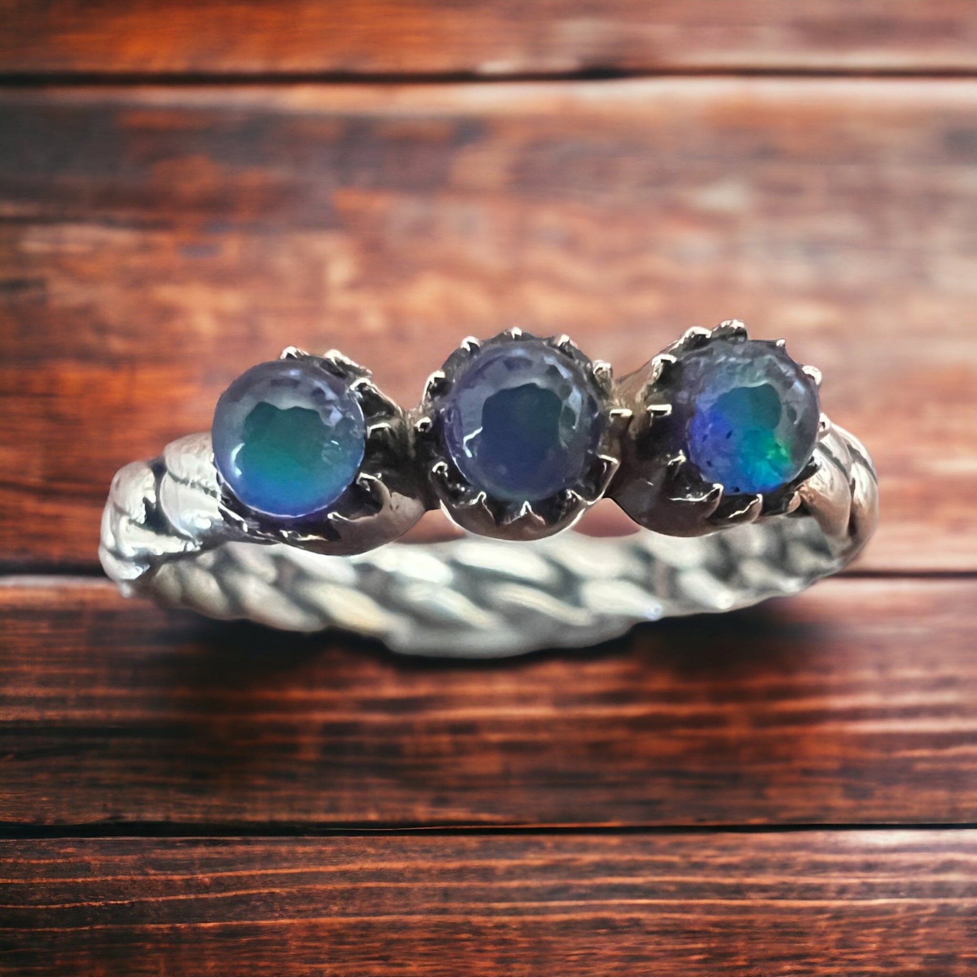 Lux Aurora Opal Blue Sterling Stacker Ring – Cowhide and Conchos