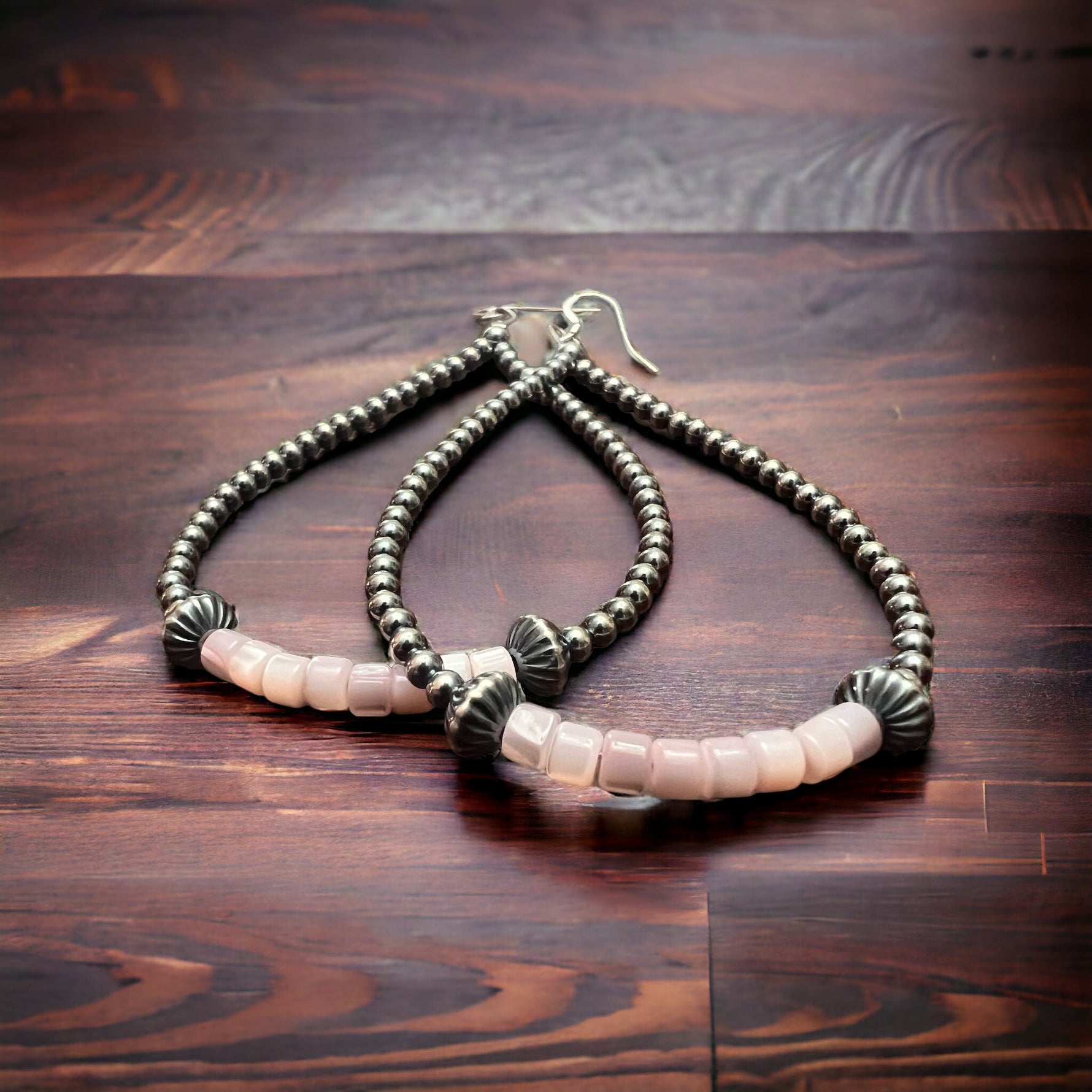 Pink shell earrings and Sterling Pearls – Cowhide and Conchos