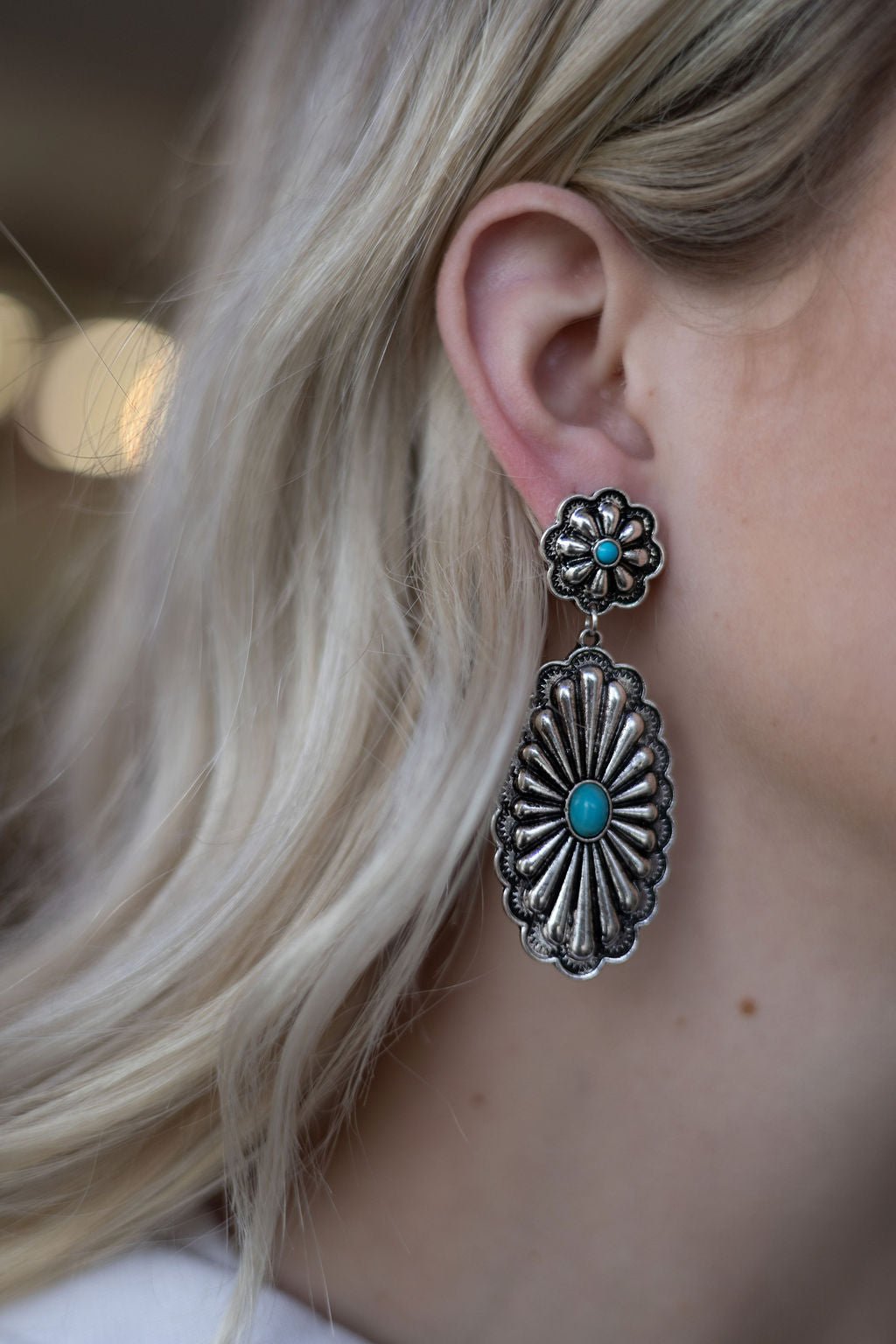 Western Double Concho Earrings with Faux Turquoise – Cowhide and Conchos