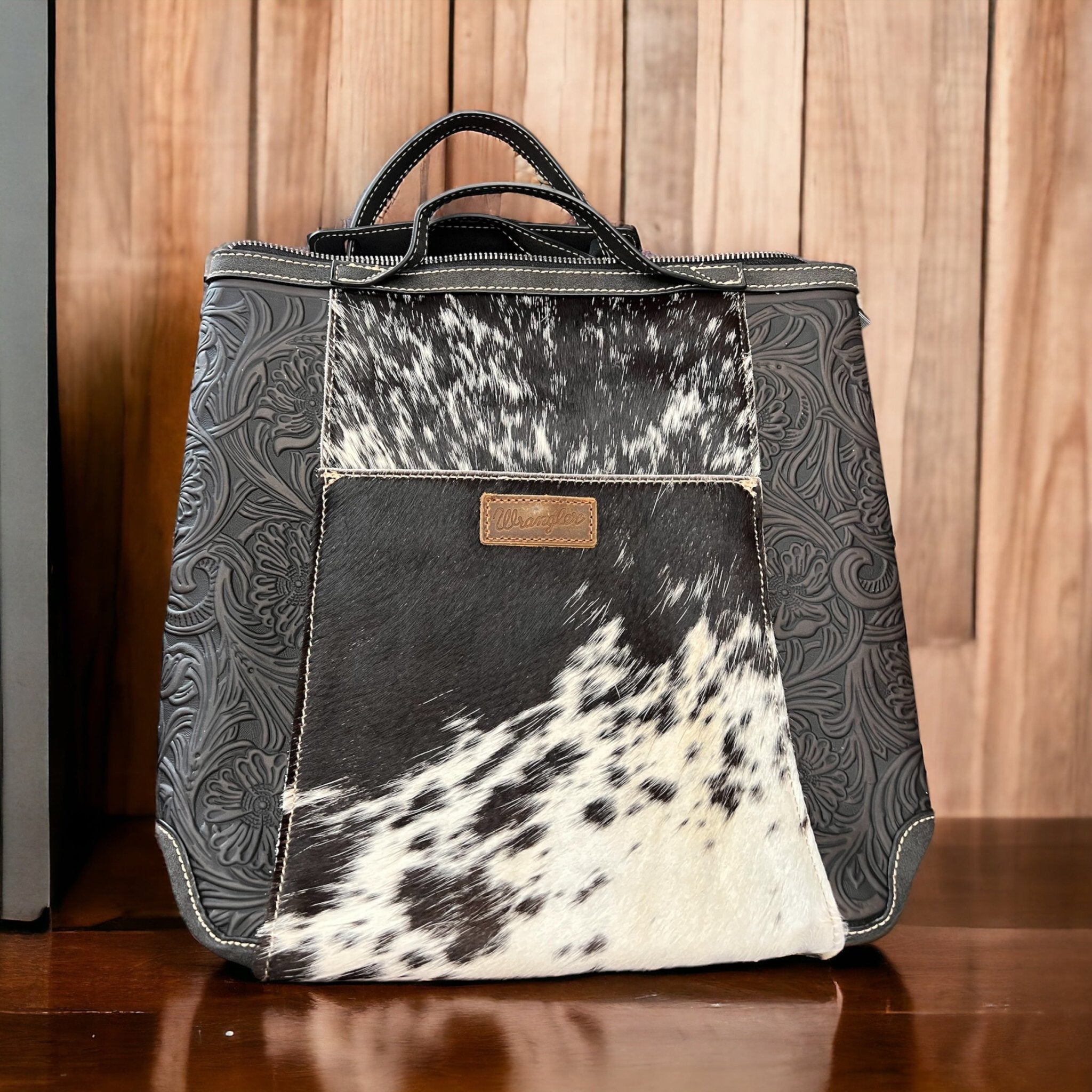 Wrangler Black and White Hair on Hide Backpack – Cowhide and Conchos